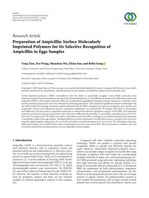 Pdf Preparation Of Ampicillin Surface Molecularly Imprinted Polymers For Its Selective