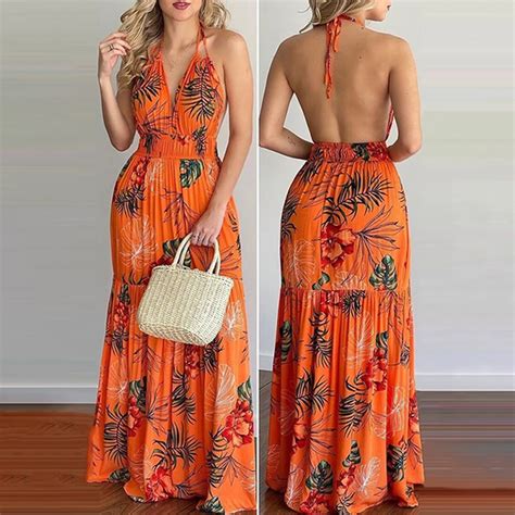 Sexy Boho Beach Dress Women Casual Tropical Floral Print Robe Halter