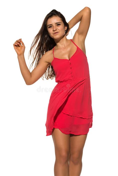 Bright Red Dress Stock Image Image Of Woman Slim Hair 61461113