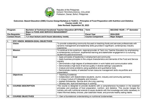 Syllabus 2 Food Preparation Republic Of The Philippines Danao