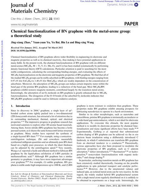 Pdf Chemical Functionalization Of Bn Graphene With The Metal Arene