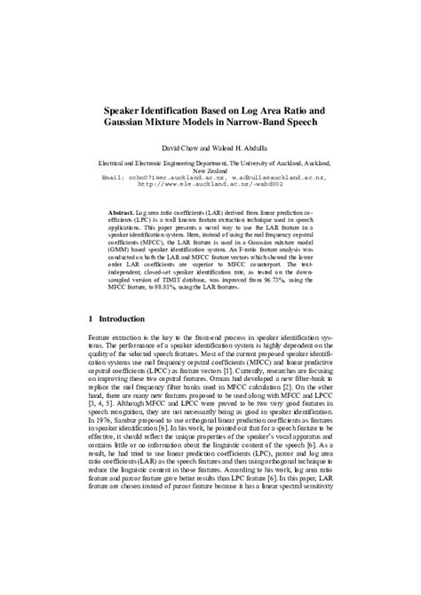 pdf speaker identification based on log area ratio and gaussian