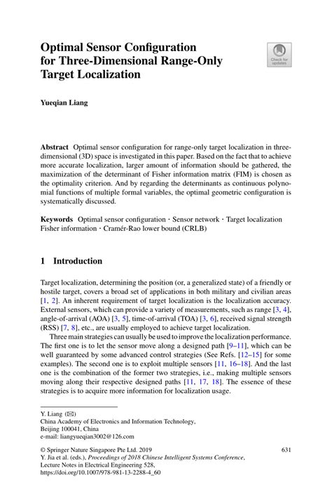 Pdf Optimal Sensor Configuration For Three Dimensional Range Only Target Localization Volume I