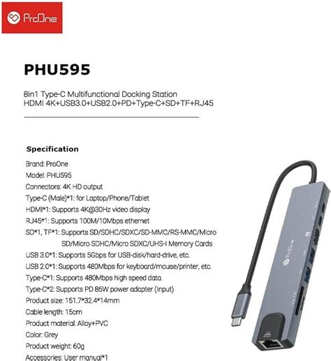 Proone Phu595 8in1 Type C Multifunctional Docking Station Multiport
