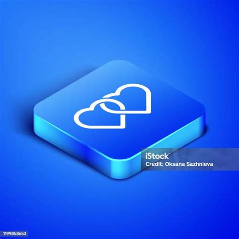 파란색 배경에 격리된 두 개의 연결된 하트 아이콘입니다 로맨틱 한 상징 연결 가입 열정과 결혼식 발렌타인 데이 파란색 사각형 버튼입니다 벡터 일러스트레이션 감정에 대한 스톡