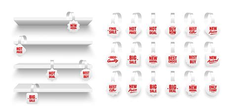 슈퍼마켓 판촉 흔들림이있는 상점 선반 제품 선반 및 광고 흔들림 식료품 벽 랙 판매 또는 할인 라벨 특별 행사 가격표 벡터 일러스트 레이 션 매대 와블러에 대한 스톡 벡터