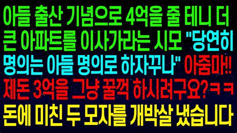 사연열차아들 출산기념으로 4억을 줄테니 더 큰 아파트를 이사 가라는 시모 당연히 명의는 아들 명의로 하자꾸나영악한 두 모자를 박살 냈습니다 실화사연 Youtube