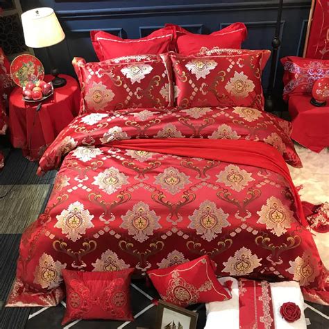 Oriental Silk Satin Red Bedding Set Luxury Gold Embroidery Duvet Bed