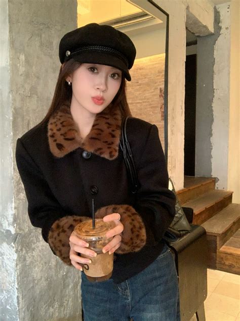 이뽀다 레오파드 모피 포인트 모직 자켓 겨울 아우터 Se4171