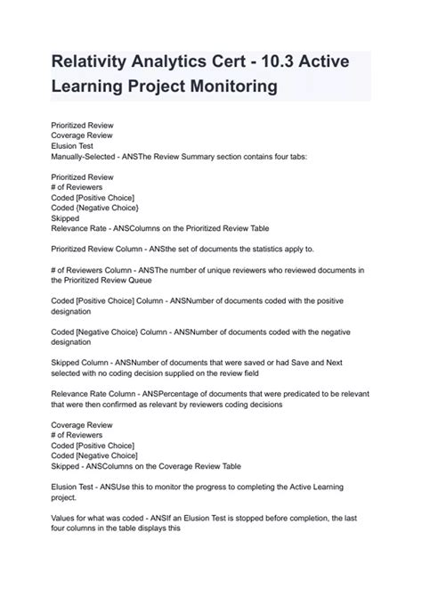 Relativity Analytics Cert 10 3 Active Learning Project Monitoring