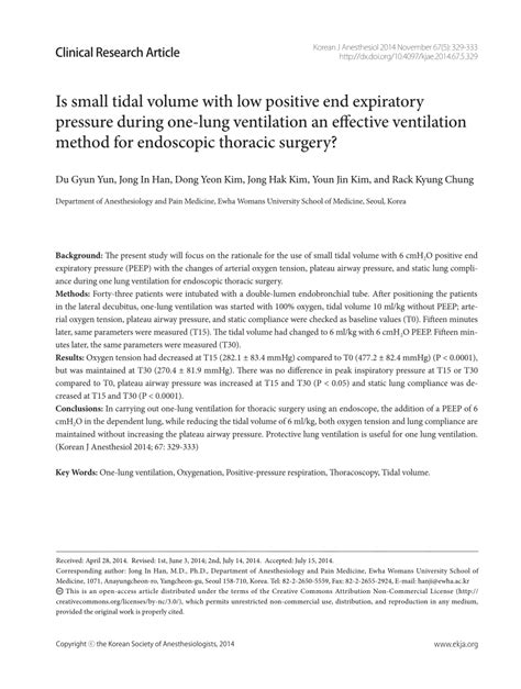Pdf Is Small Tidal Volume With Low Positive End Expiratory Pressure During One Lung