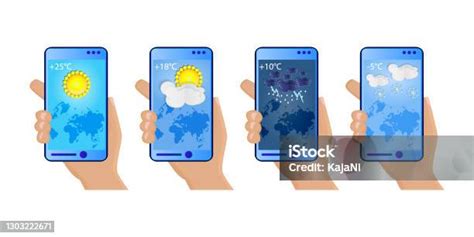날씨 응용 프로그램 흐림 비오는 눈과 화창한 날 스마트 폰을 들고 손의 세트 다양에 대한 스톡 벡터 아트 및 기타 이미지 다양 웹 브라우저 개념 Istock