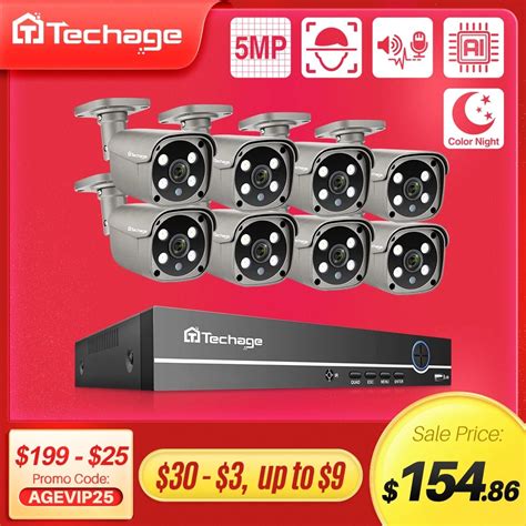 Techage 보안 카메라 시스템 8CH 5MP HD POE NVR 키트 CCTV 양방향 오디오 AI 얼굴 감지 야외 비디오