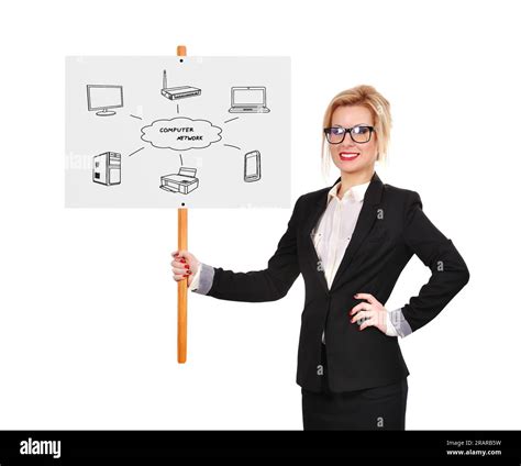 Businesswoman Holding Whiteboard With Computer Network Scheme Stock