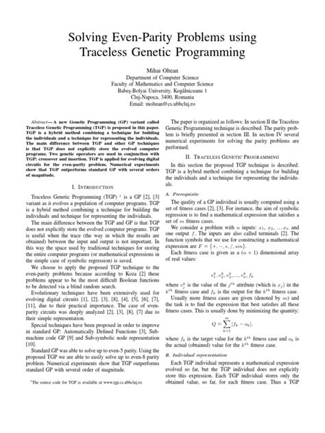 Solving Even Parity Problems Using Traceless Genetic Programming Evolution Teaching Mathematics