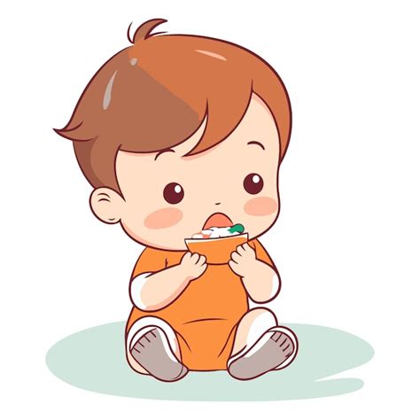 색 배경 에 고립 된 케이크 를 먹는 귀여운 작은 소년 프리미엄 벡터