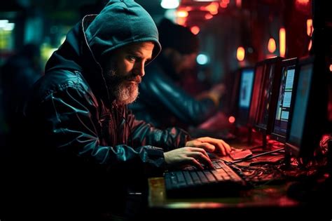 Premium Ai Image Hacker Using Laptop Computer At Night
