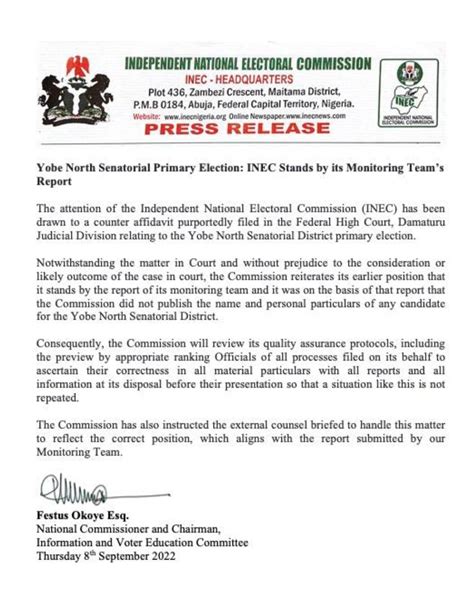Apc Yobe North We Stand By Report Of Our Monitoring Team ― Inec