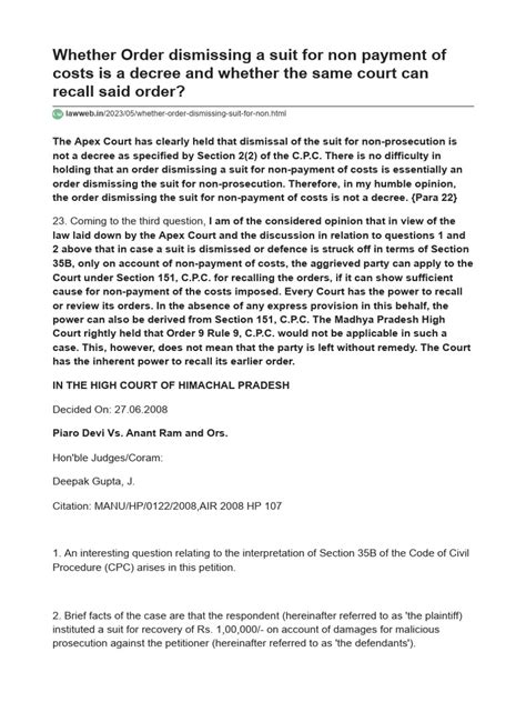 Whether Order Dismissing A Suit For Non Payment Of Costs Is A Decree And Whether The Same Court