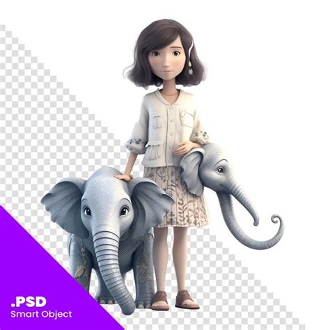 3d рендеринг маленькой девочки и слона на белом фоне Psd шаблон
