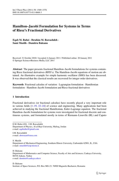 Pdf Hamiltonjacobi Formulation For Systems In Terms Of Rieszs