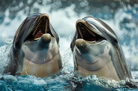 Two Dolphins Smiling And Laughing In The Water Cute Blue Background