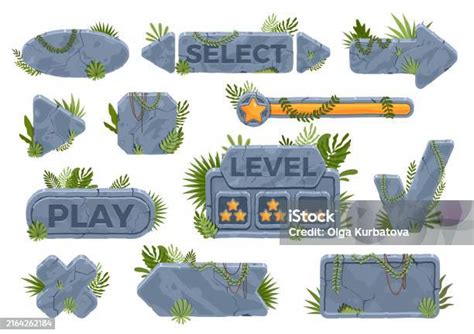 정글 식물이 있는 돌 패널 Gui 요소 열대 나뭇잎 빈 인터페이스 바 슬라이더 바위 질감이있는 버튼 게임 아이콘 화살표 및 포인터 고립 된 Nowaday 벡터 세트 누름