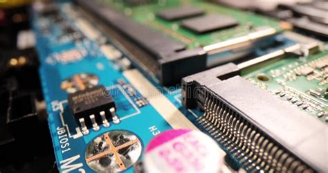 Computer Motherboard Displays Array Of Colorful Components Stock