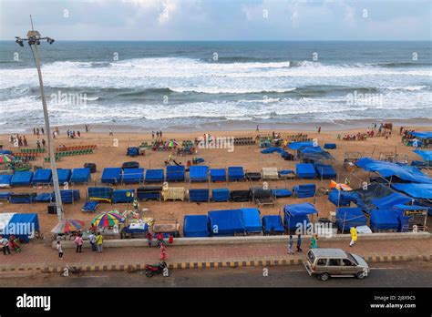 Aerial View Of Puri Sea Beach With Closed Shops And Highway Road At
