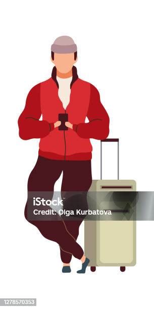 공항에서 짐을 들고 있는 남자 가방과 스마트 폰터미널에서 만화 남성 캐릭터 흰색 배경에 비행기 외국 여행 평면 벡터 일러스트를 기다리는 승객 가방에 대한 스톡 벡터 아트 및