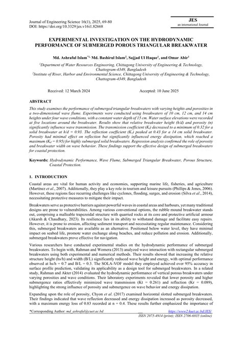 Pdf Experimental Investigation On The Hydrodynamic Performance Of Submerged Porous Triangular