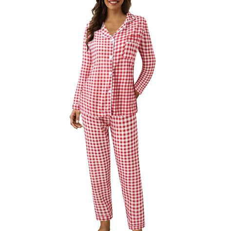 Ufound Women Sleepwear Casual Lapel Button Plaid Print Two Piece Long