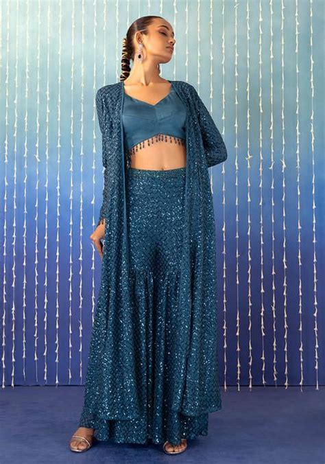 Buy Women Teal Sequin Embroidered Sharara Set With Blouse And Jacket