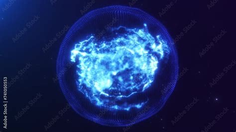 Abstract Blue Energetic Glowing Magic Orb With Plasma Dynamic Shining Core Levitates In Space