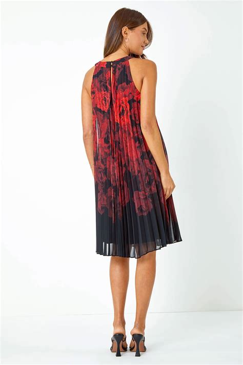 Black Sleeveless Floral Pleated Swing Dress Roman Uk