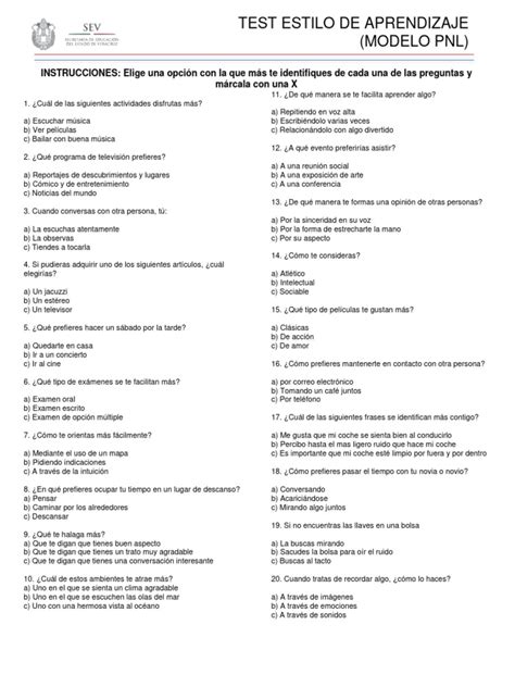 Test Estilo De Aprendizaje Modelo Pnl Sev Pdf