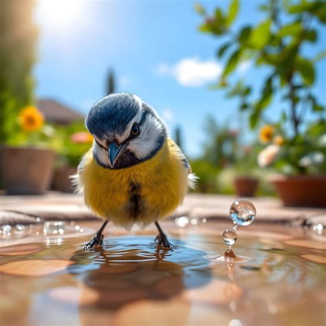 Perfect Weather For A Bath Fluffy Blue Tit Plays In Sunny
