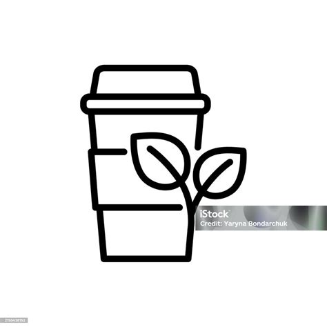 커피 컵과 나뭇잎 윤곽선 아이콘입니다 친환경 컵 기호입니다 0명에 대한 스톡 벡터 아트 및 기타 이미지 0명 개념 검은색 Istock