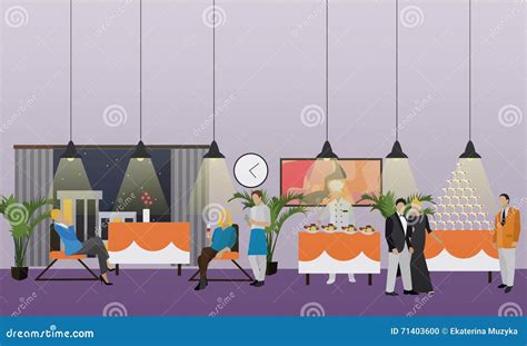 Vector Banner With Restaurant Interior People Having Dinner In Cafe