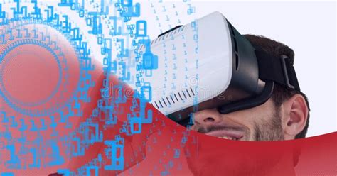 binary coding data processing over businessman wearing vr headset