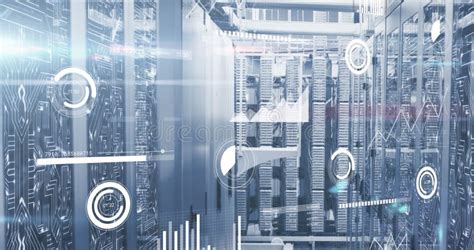 white graphs charts and data processing over computer server room