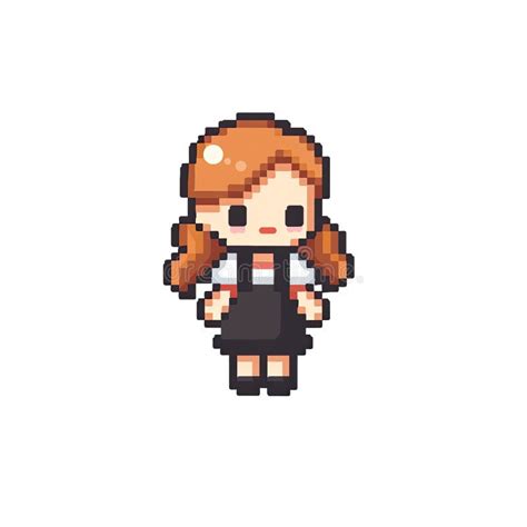 Adorable Pixel Art Girl In Dress Standing Pose Stock Illustration