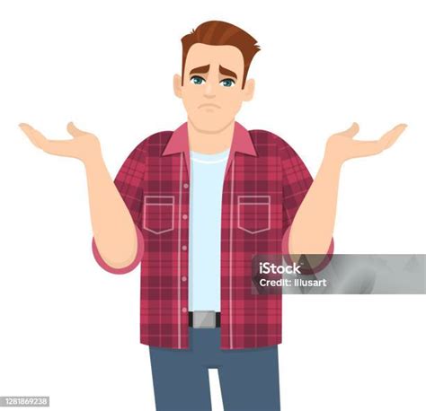 불행한 청년이 내가 사인을 모른다 어깨를 으쓱하고 손을 벌리는 사람 죄송합니다 제스처 의문을 제기하는 남성 캐릭터는 얼굴 반응에