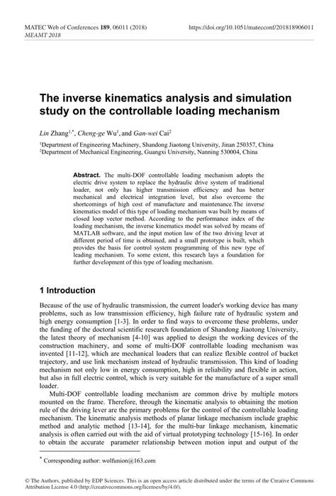 PDF The Inverse Kinematics Analysis And Simulation Study On The Controllable Loading Mechanism
