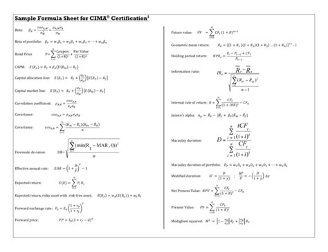 Cima Certification Key Finance Formulas And Equations
