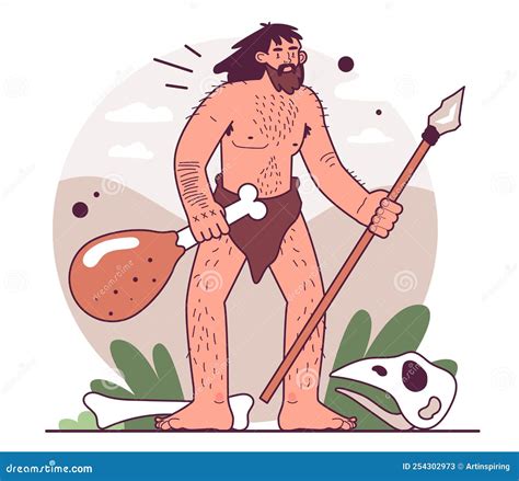 Cavemen In Stone Age People Hunting With Primitive Tools Stock Vector
