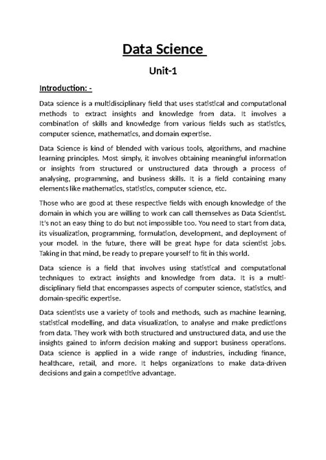 Data Science Uint 1 Data Science Unit Introduction Data Science