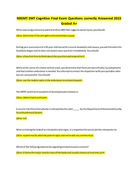 NREMT EMT Cognitive Final Exam Questions Correctly Answered 2022 Graded