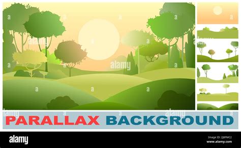Rural Beautiful Landscape Set Parallax Effect Cartoon Style Hills