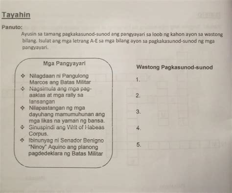 Panuto Ayusin Sa Tamang Pagkakasunod Sunod Ang Pangyayari Sa Loob Ng